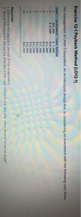 Solved Exercise 12-1 Payback Method [LO12-1) The management | Chegg.com