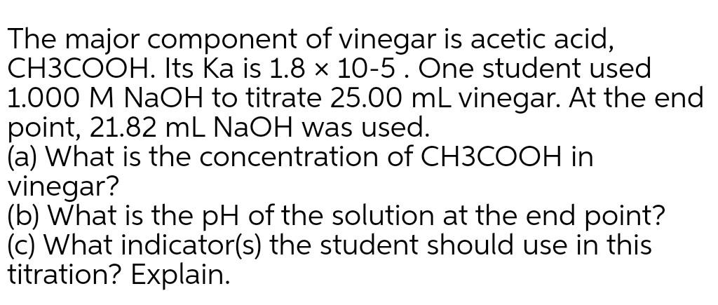 Solved The major component of vinegar is acetic acid, | Chegg.com