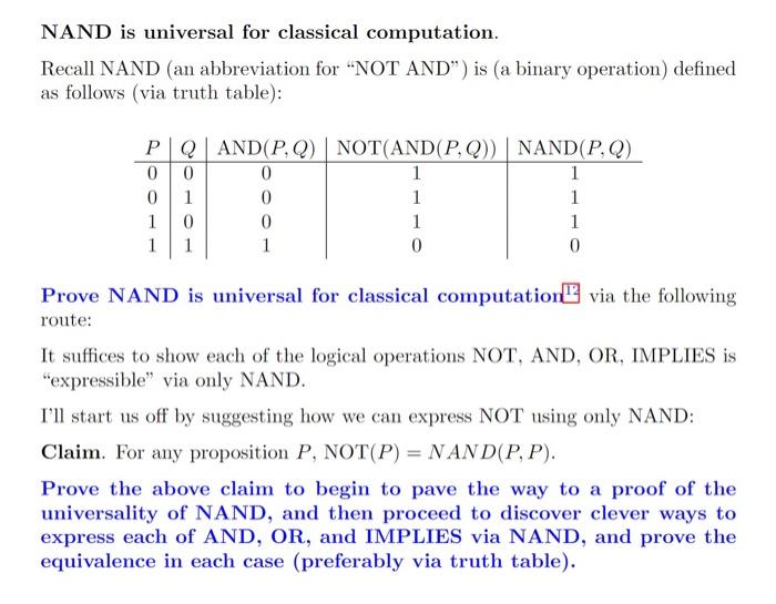 Solved NAND is universal for classical computation. Recall | Chegg.com
