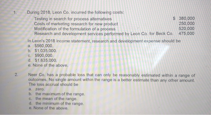 Solved During 2018, Leon Co. incurred the following costs: | Chegg.com Solved During 2018, Leon Co. incurred the following costs: | Chegg.com