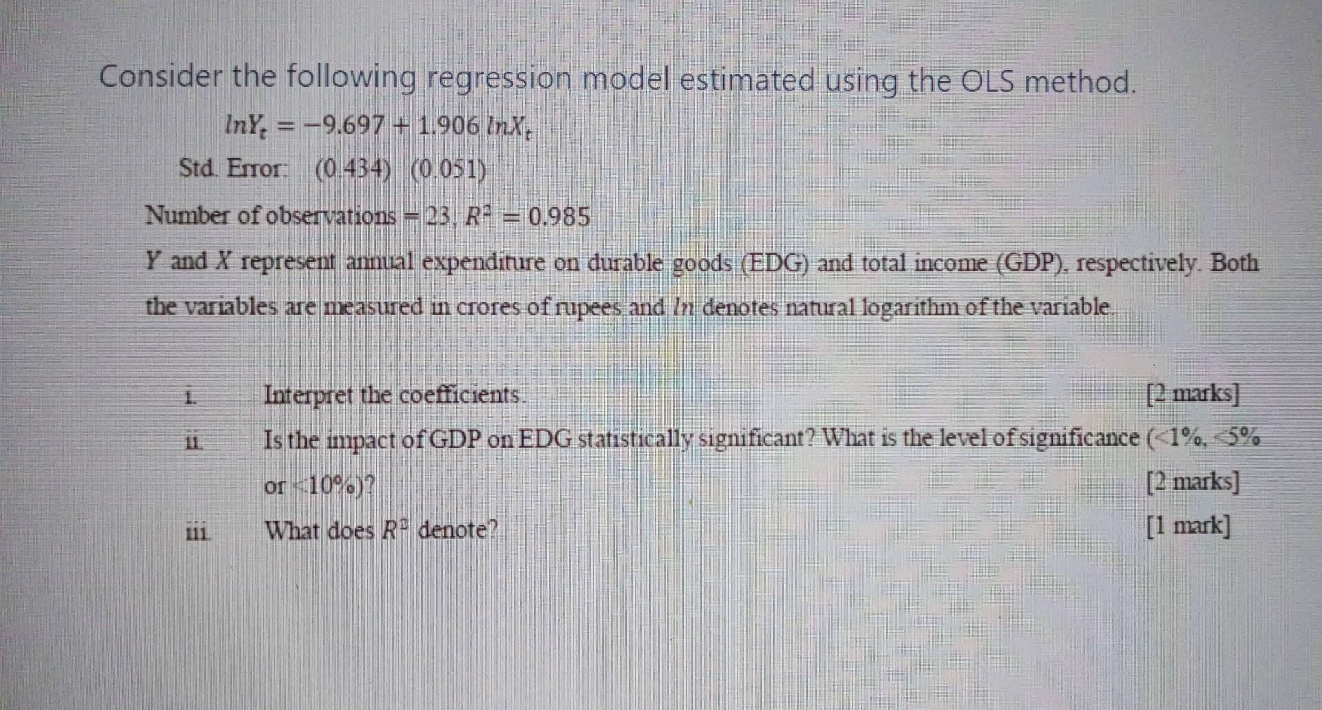 Solved Consider the following regression model estimated | Chegg.com