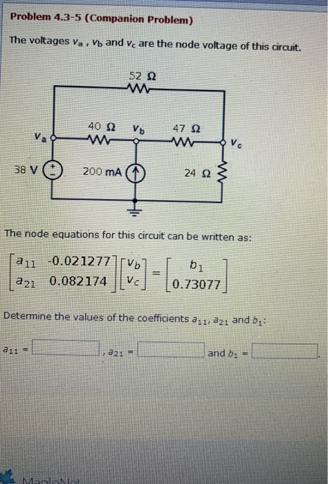 Solved Problem 4.3-5 (Companion Problem) The voltages va, Vb | Chegg.com