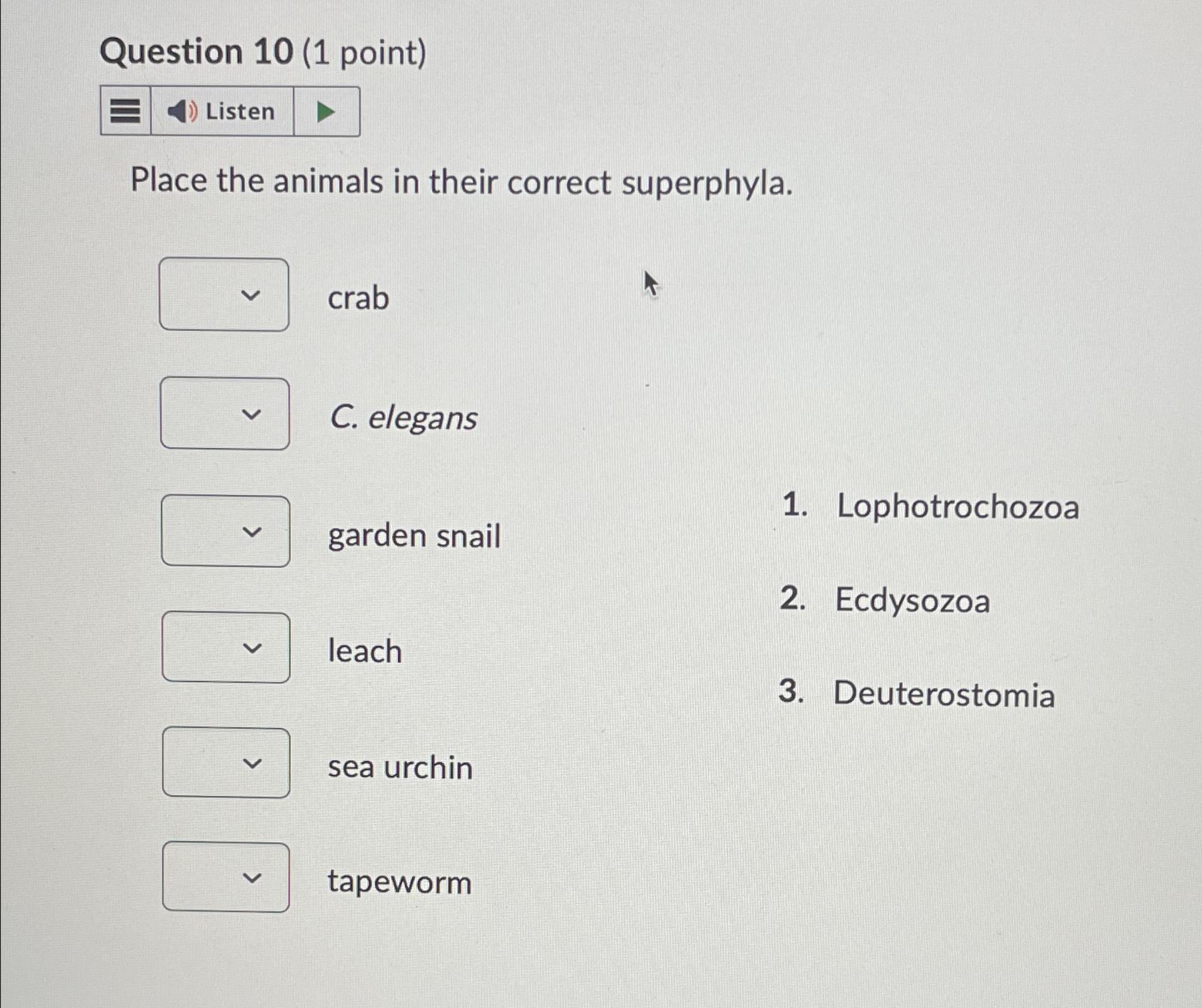 Solved Question 10 (1 ﻿point)Place the animals in their | Chegg.com