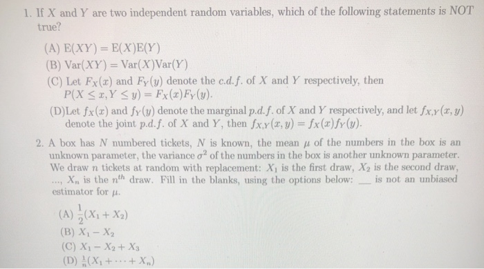Solved 1. If X and Y are two independent random variables, | Chegg.com