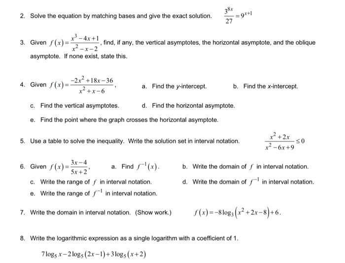 Solved 2. Solve the equation by matching bases and give the | Chegg.com