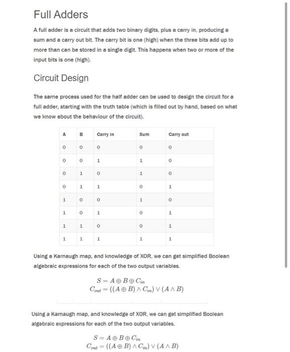 Solved Full Adders A full adder is a circuit that adds two | Chegg.com