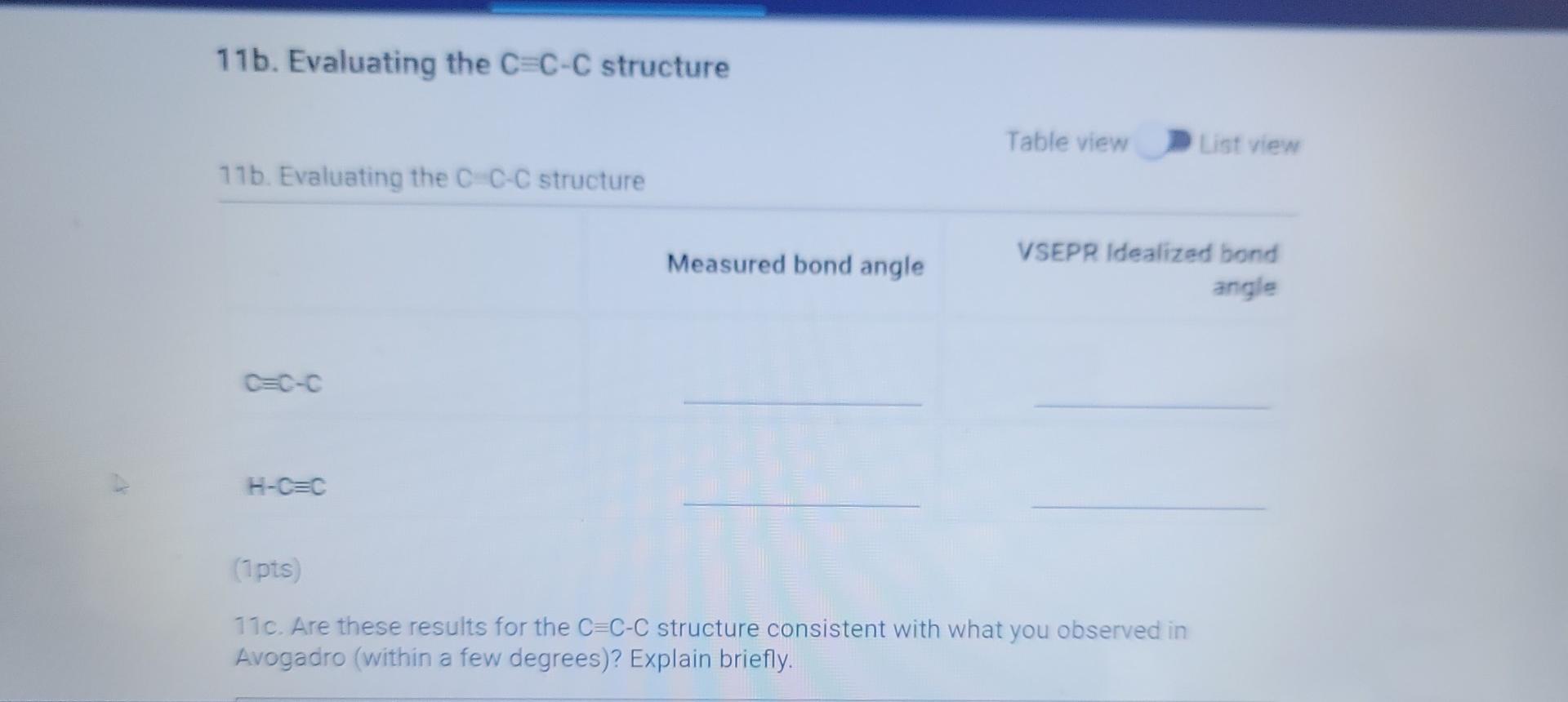 Solved 11b. Evaluating the C=C-C structure Table view List | Chegg.com