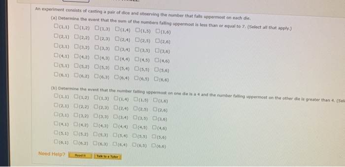 Solved An experiment consists of casting a pair of dice and | Chegg.com