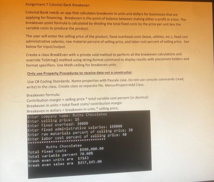 Solved Assignment 7 Colonial Bank Breakeven Colonial Bank | Chegg.com