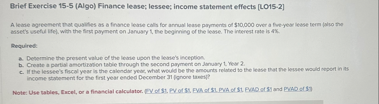 Solved Brief Exercise 15-5 (Algo) ﻿Finance lease; lessee; | Chegg.com