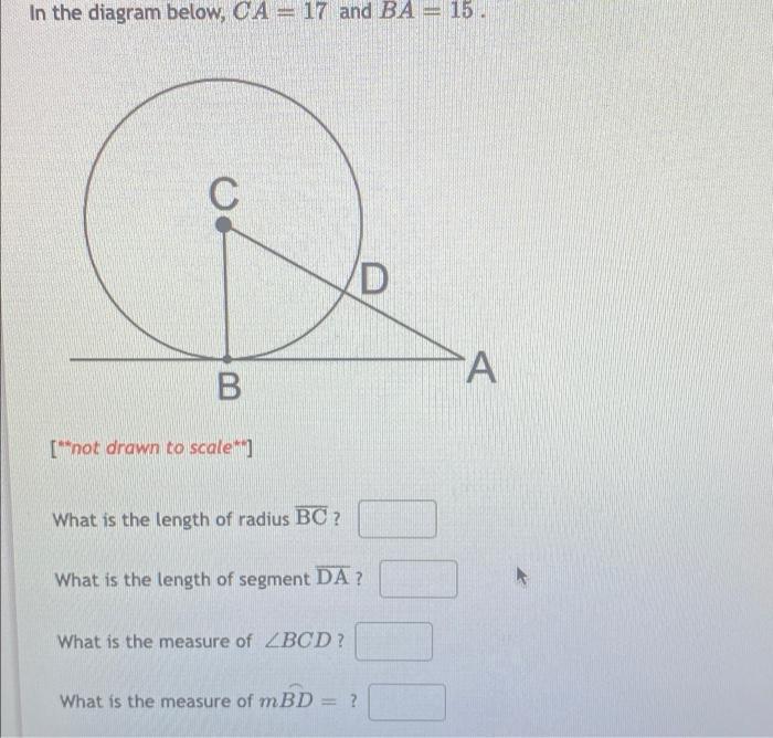 Solved In the diagram below, CA = 17 and BA = 15. D U B | Chegg.com