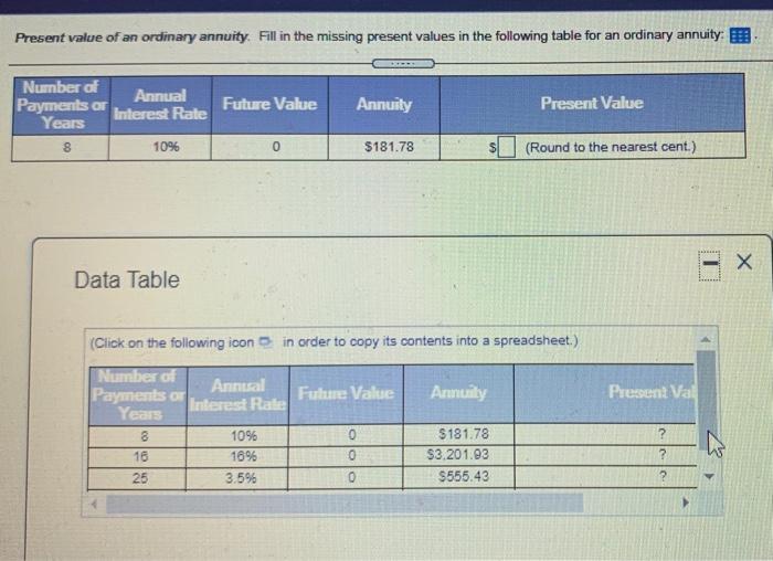 Solved Present value of an ordinary annuity Fill in the | Chegg.com