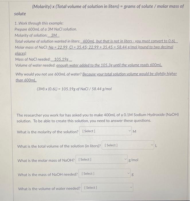 Solved (Molarity) ×( Total volume of solution in liters )= | Chegg.com