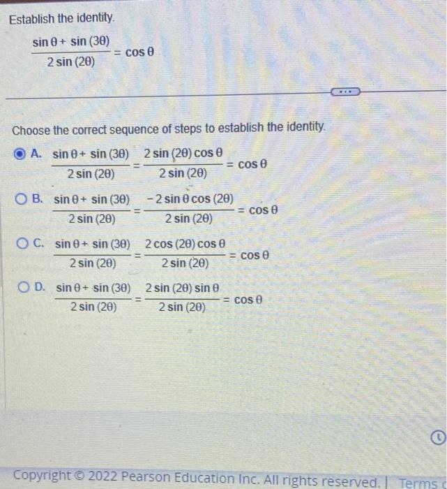 Solved Establish the identity. 2sin(2θ)sinθ+sin(3θ)=cosθ | Chegg.com