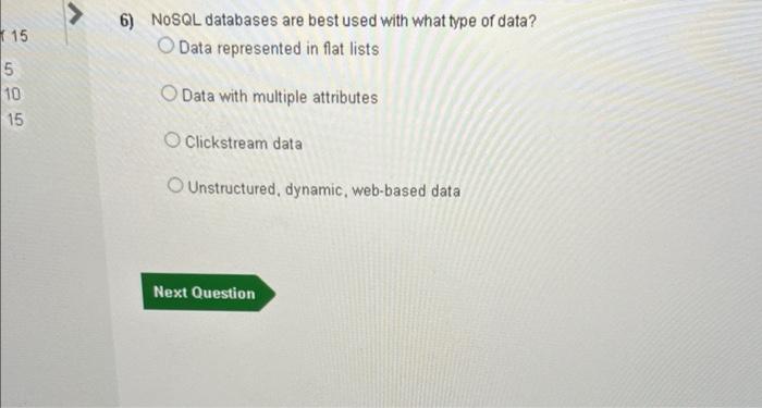 Solved 6) NoSQL databases are best used with what type of | Chegg.com