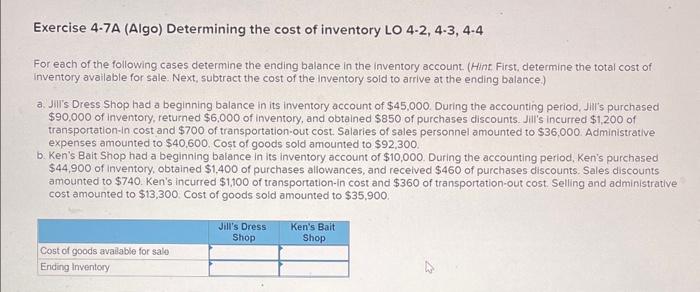 Solved Exercise 4-7A (Algo) Determining the cost of | Chegg.com