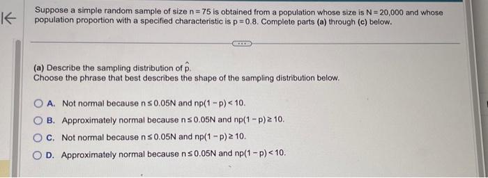 Solved Suppose a simple random sample of size n=75 is | Chegg.com