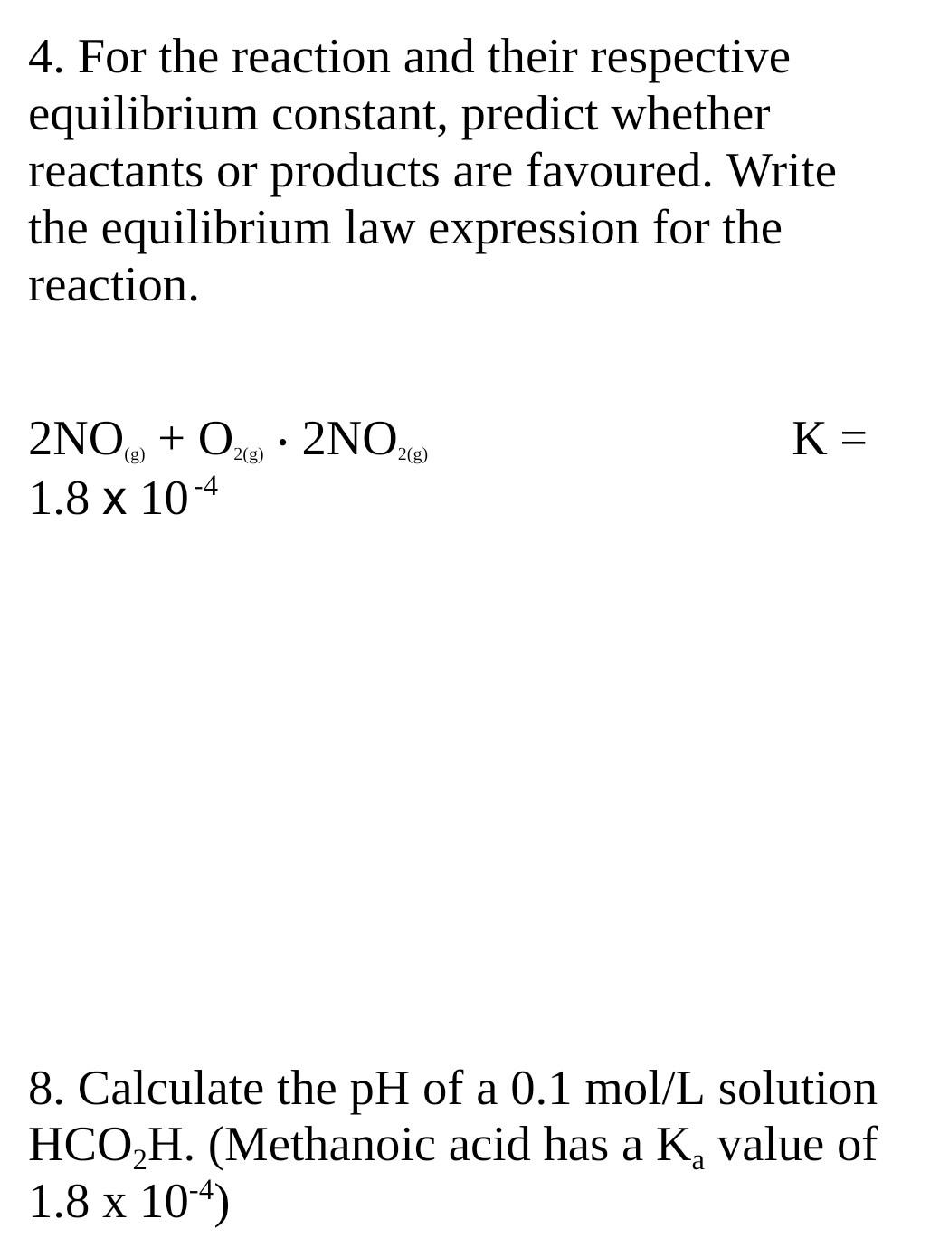 Solved 4. For the reaction and their respective equilibrium | Chegg.com