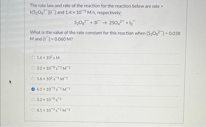Solved The rate law and rate of the reaction for the | Chegg.com