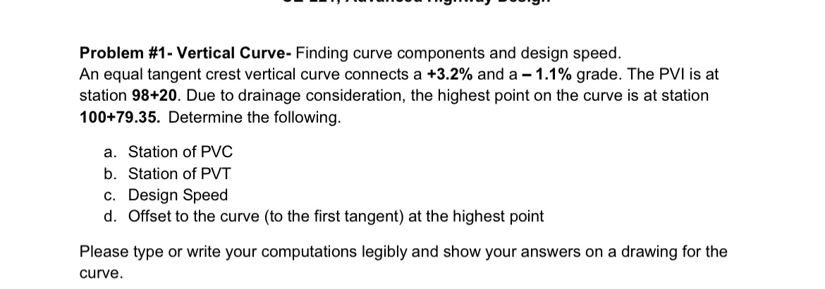 Solved Problem #1- ﻿Vertical Curve- ﻿Finding curve | Chegg.com
