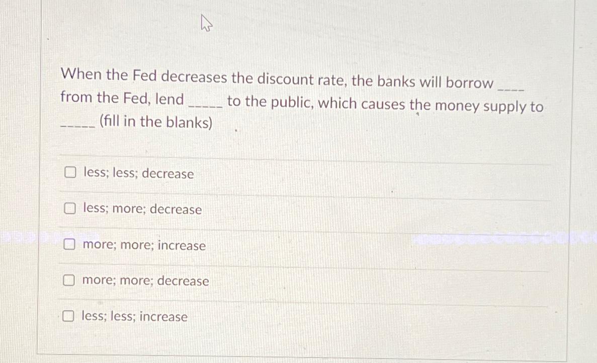 Solved When the Fed decreases the discount rate, the banks | Chegg.com