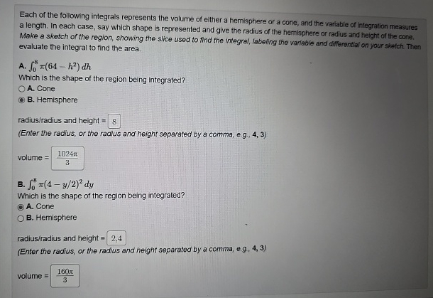 Each of the following integrals represents the volume | Chegg.com