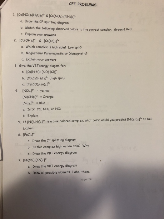 Solved CFT PROBLEMS 1. [Co(NO2)(H2O): & [Co(NO2)«(NH6)2 j* a | Chegg.com