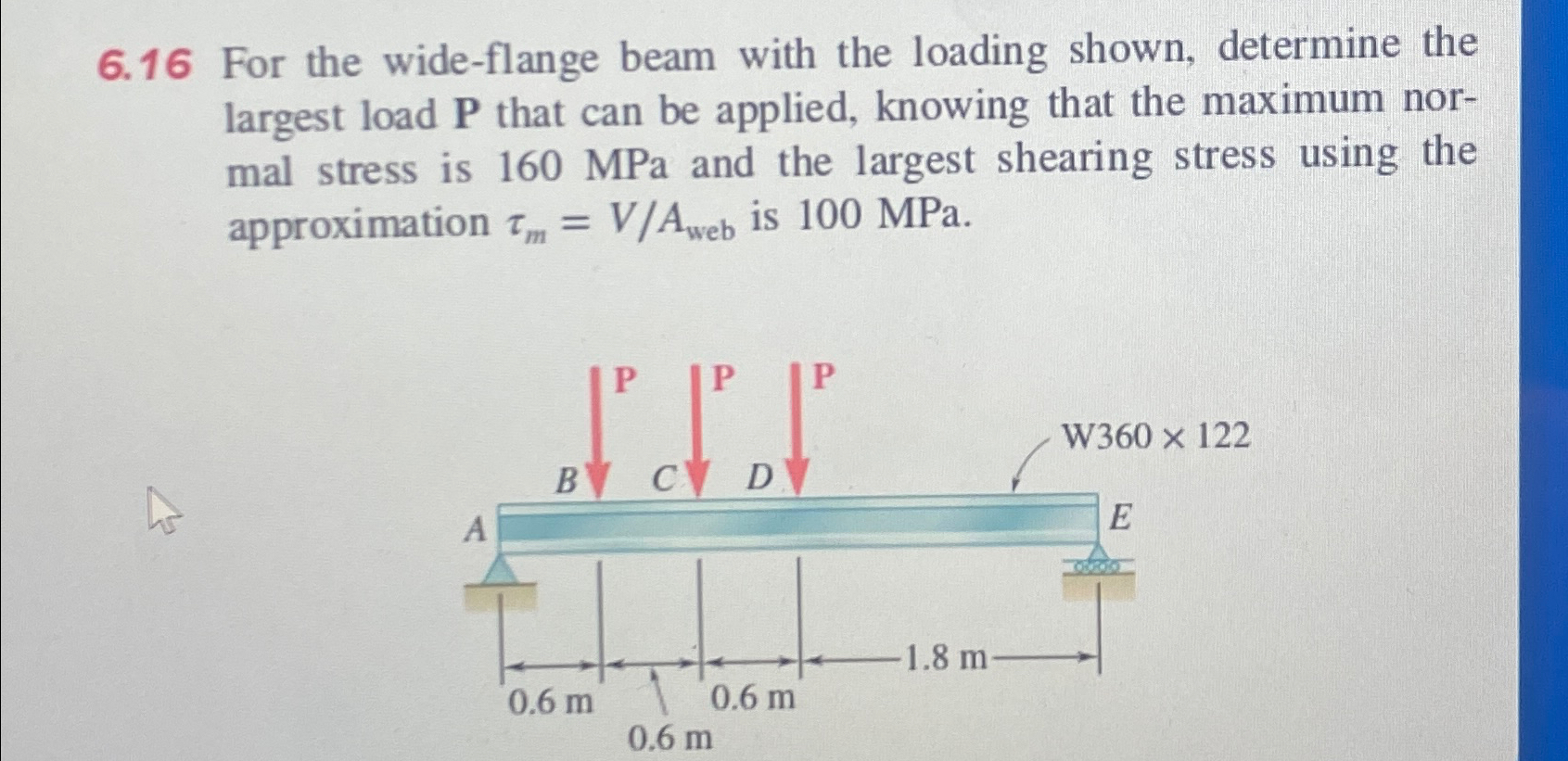 Solved 6.16 ﻿For the wide-flange beam with the loading | Chegg.com