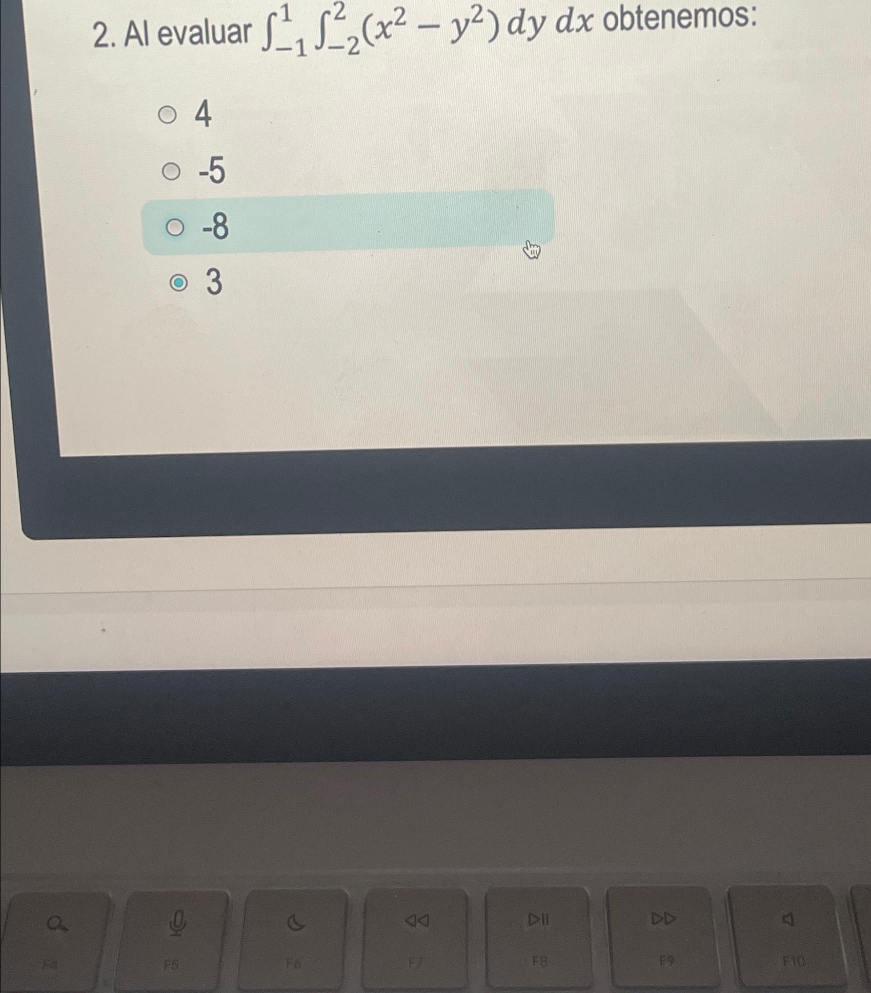 Solved Al evaluar ∫-11∫-22(x2-y2)dydx ﻿obtenemos:4-5-83 | Chegg.com