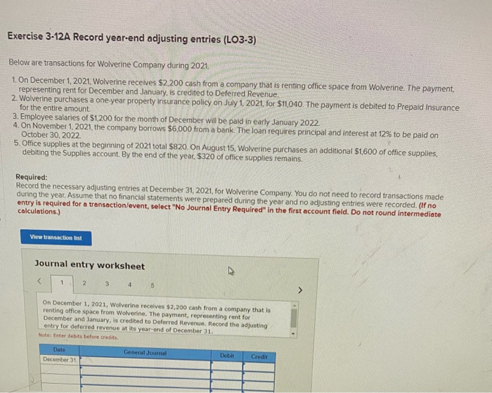 Solved Exercise 3-12A Record year-end adjusting entries | Chegg.com