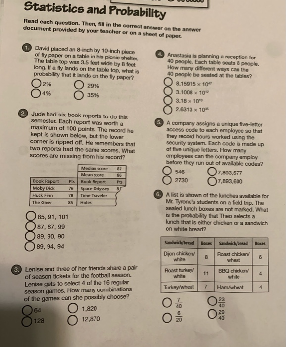 Solved Statistics and Probability Read each question. Then, | Chegg.com