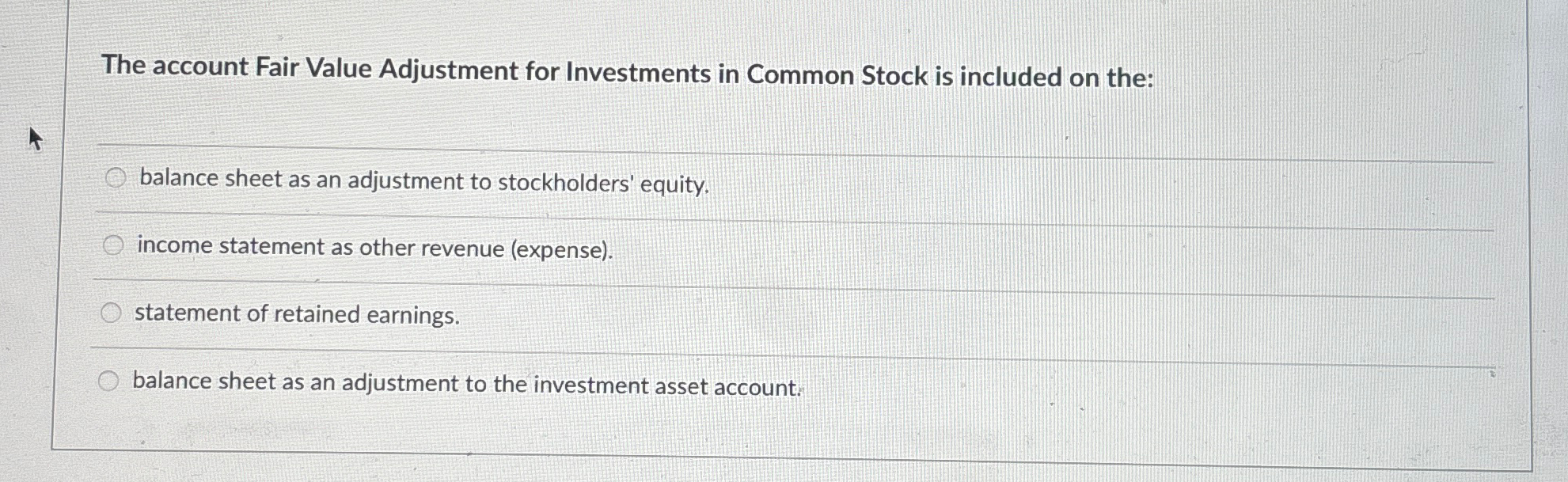 Solved The account Fair Value Adjustment for Investments in | Chegg.com