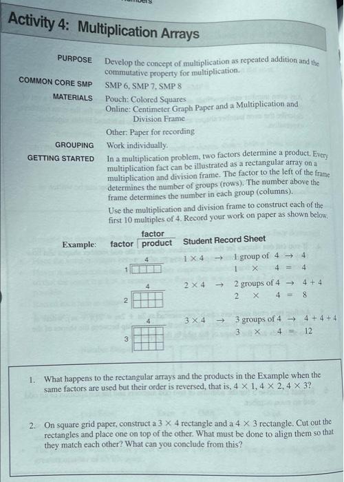 Solved Activity 4: Multiplication Arrays PURPOSE COMMON CORE | Chegg.com