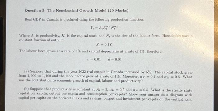Solved Question 5: The Neoclassical Growth Model (20 Marks) | Chegg.com