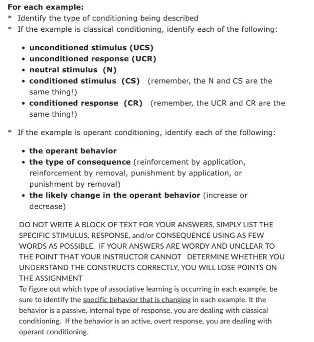Solved For each example: * Identify the type of conditioning | Chegg.com