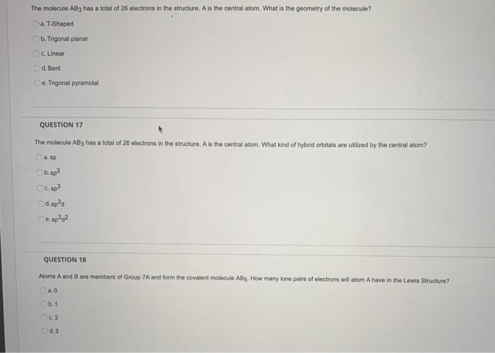 Solved The molecule AB3 has a total of 26 electrons in the | Chegg.com