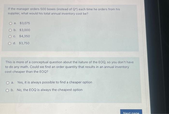 Solved Section 1 (EOQ): Suppose we are assisting the manager | Chegg.com