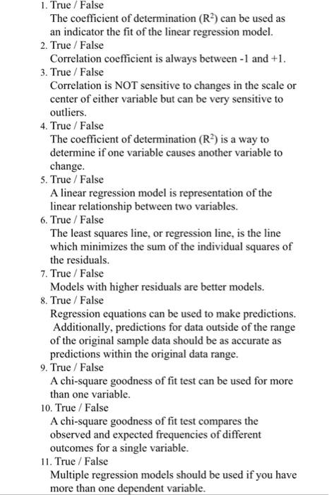 Solved 1. True / False The coefficient of determination (R2) | Chegg.com
