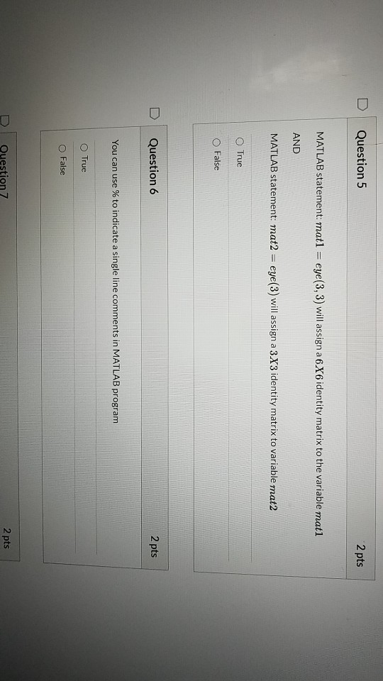Solved Question 5 2 Pts Matlab Statement Mat1 Eye 3 3