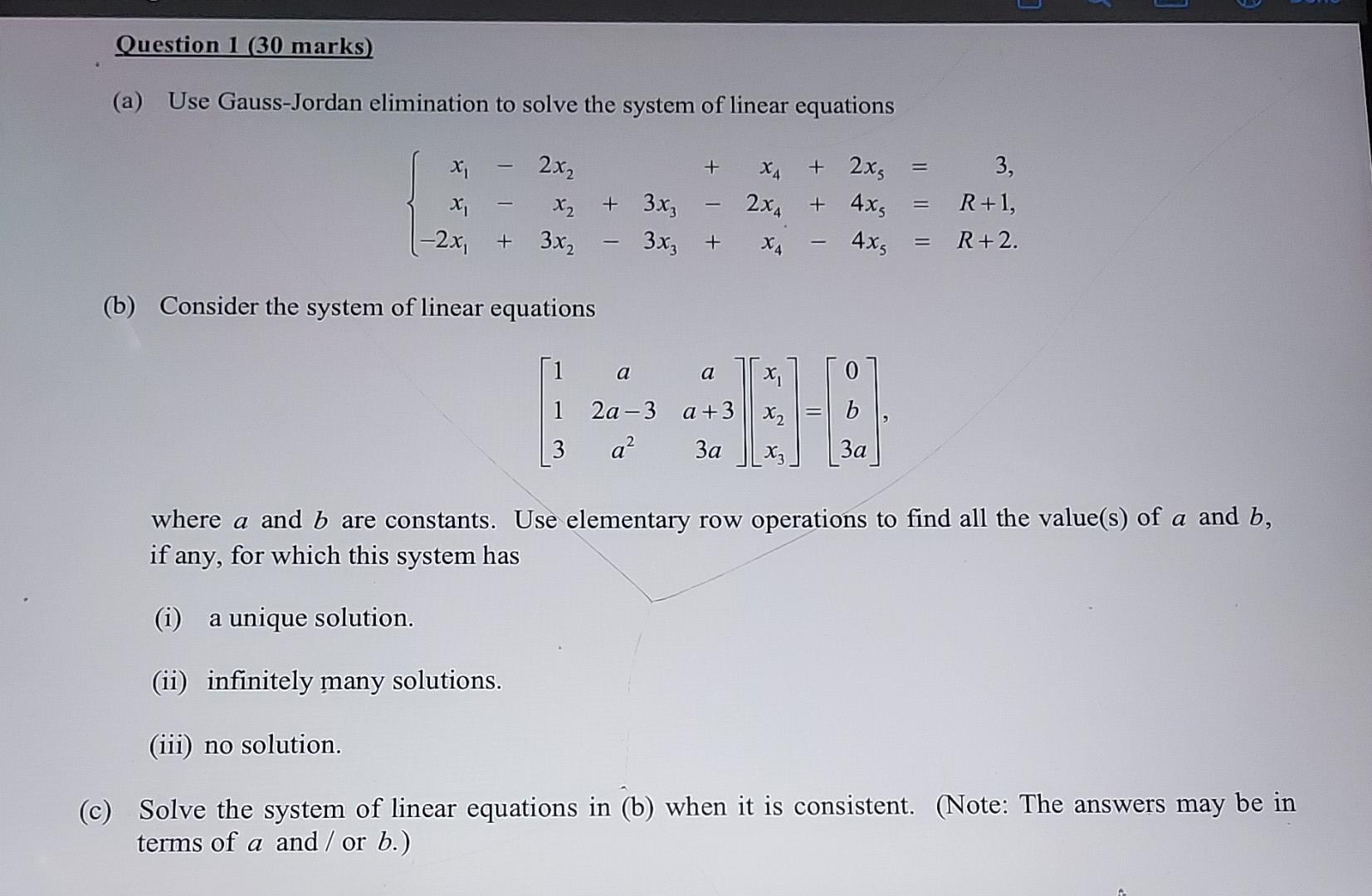 Solved (a) Use Gauss-Jordan elimination to solve the system | Chegg.com