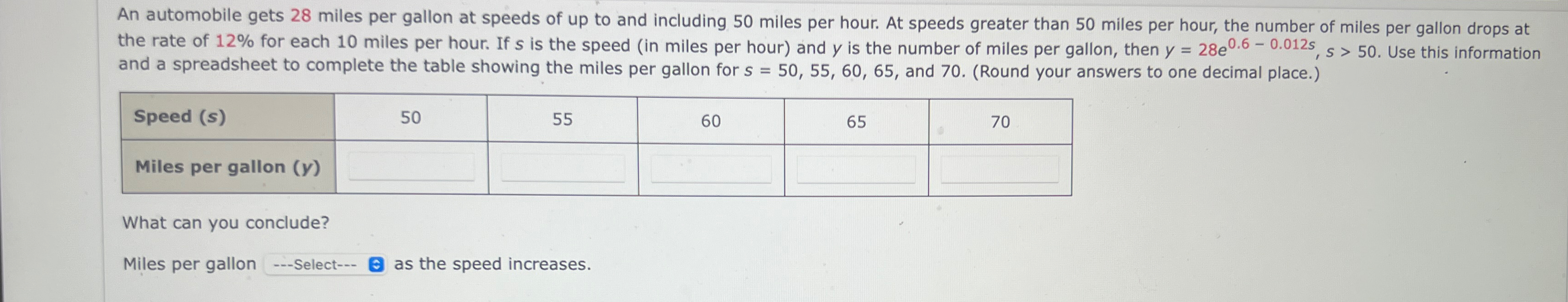 Solved An automobile gets 28 ﻿miles per gallon at speeds of | Chegg.com