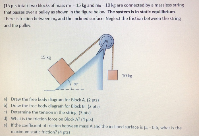 Solved (15 pts total) Two blocks of mass ma = 15 kg and mg = | Chegg.com