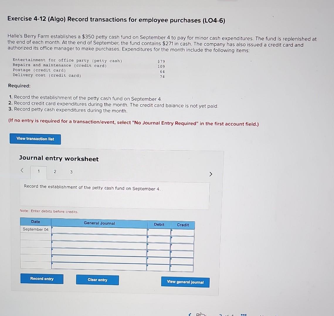 Solved Exercise 4-12 (Algo) Record transactions for employee | Chegg.com