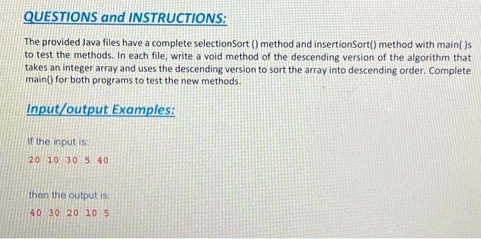 Solved The Provided Java Files Have A Complete Selectionsort