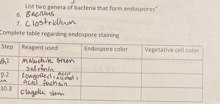 Solved List two genera of bacteria that form endospores" 6. | Chegg.com
