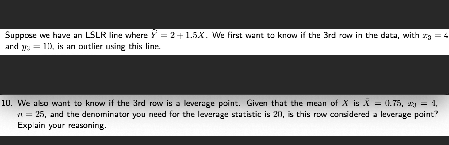 Solved Suppose we have an LSLR line where widehat(Y)=2+1.5x. | Chegg.com