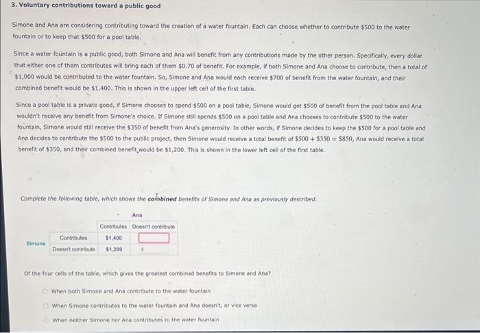 Solved 3. Voluntary contributions toward a public good | Chegg.com
