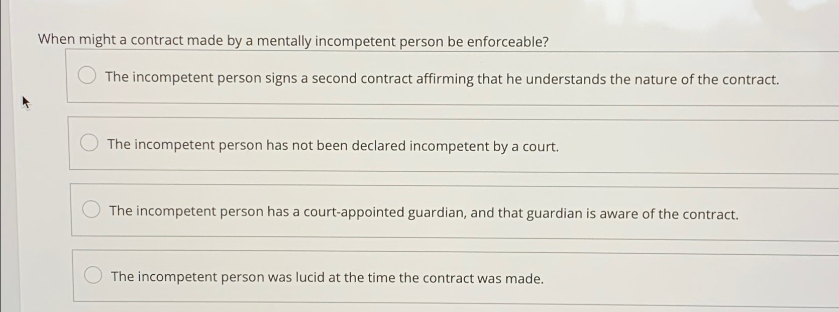 Solved When might a contract made by a mentally incompetent | Chegg.com