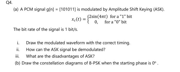 Solved (a) A PCM signal g[n]=[101011] is modulated by | Chegg.com