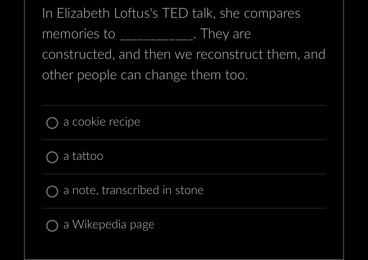 Solved In Elizabeth Loftus's TED talk, she compares memories | Chegg.com